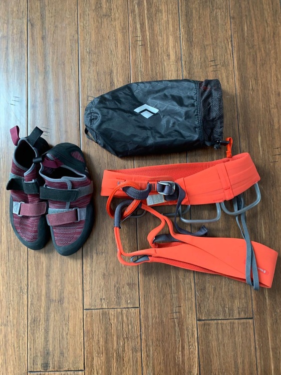 BD Solution Harness and BD size 10 climbing shoes