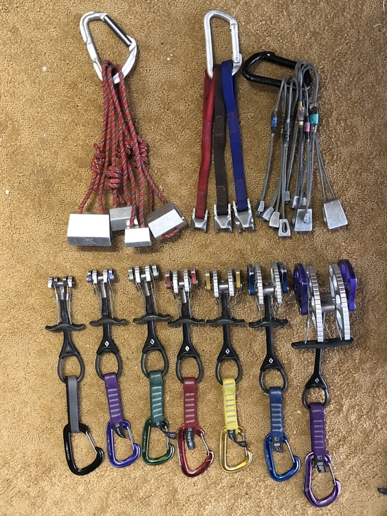 Trad Rack, black diamond c4s, hex’s, tri cams, wild country nuts