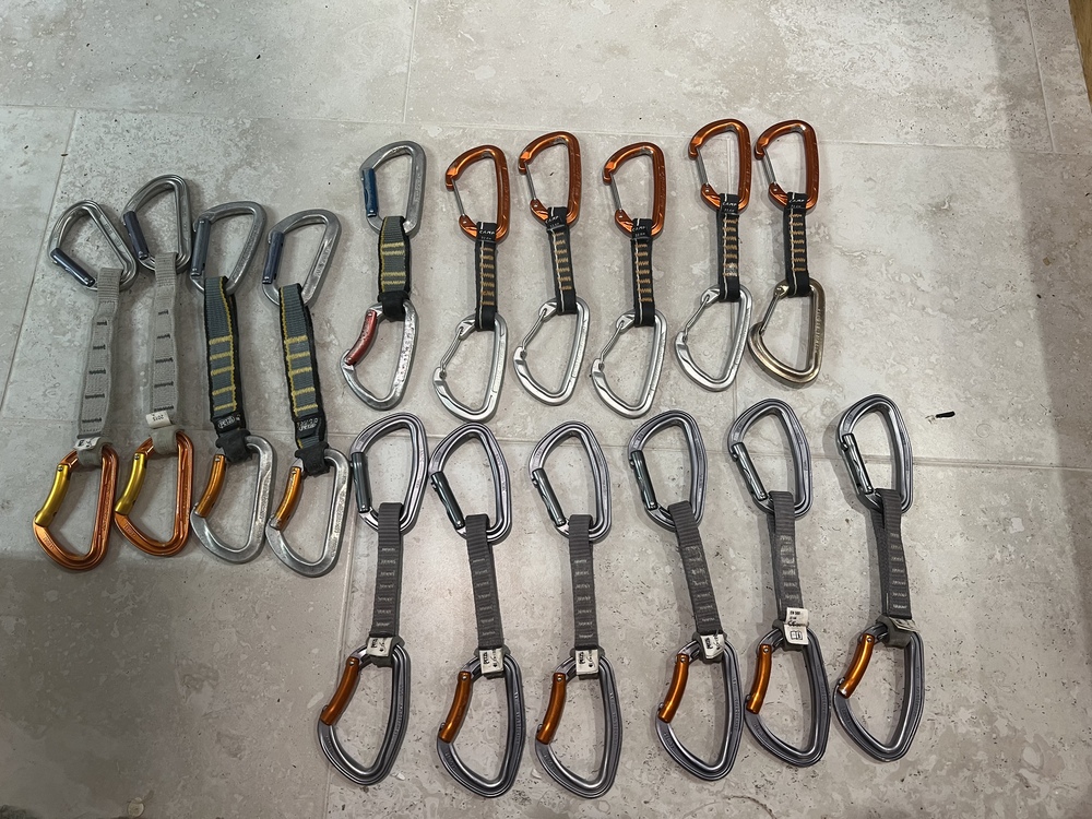 Draws, carabiners, ice screws, nuts