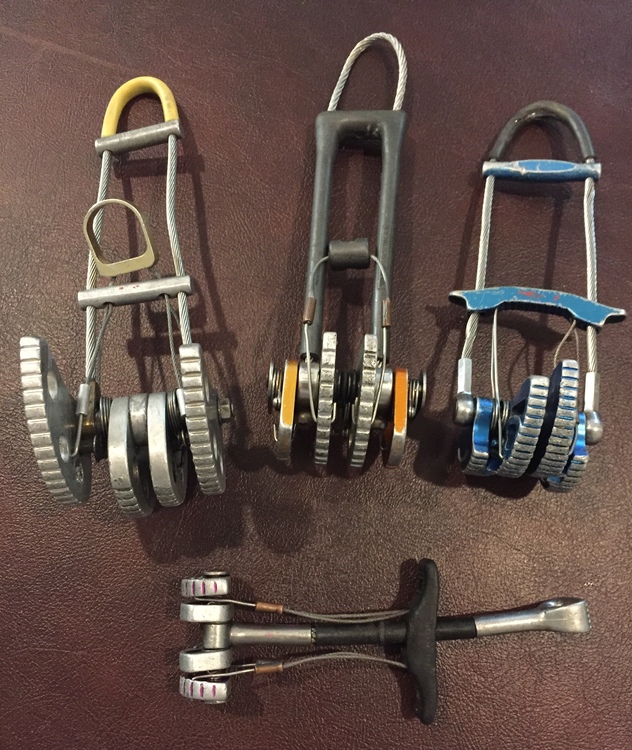 Misc carabiners, old cams, Micro-Nuts, Camp TurboChest, Petzl foot ascender