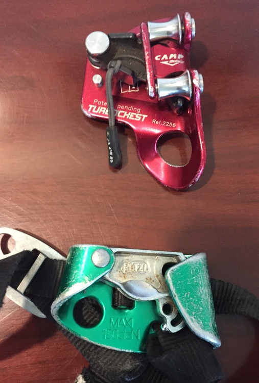 Misc carabiners, old cams, Micro-Nuts, Camp TurboChest, Petzl foot ascender