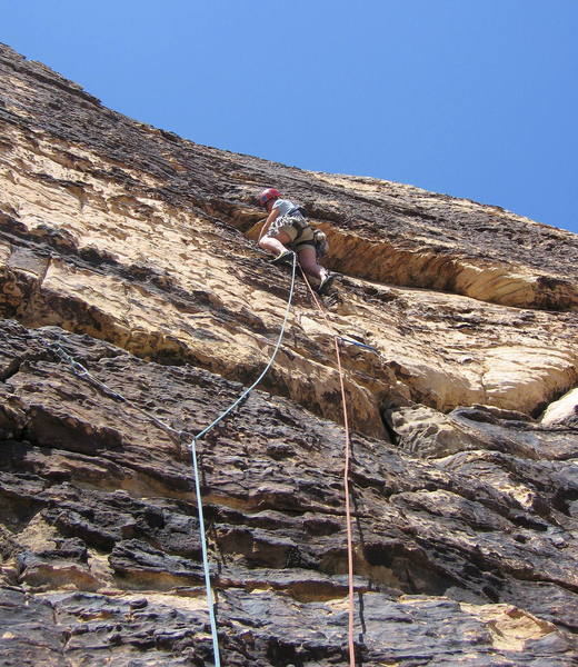 Sharon Vinick working up the steep crack on P5 of Birdland.