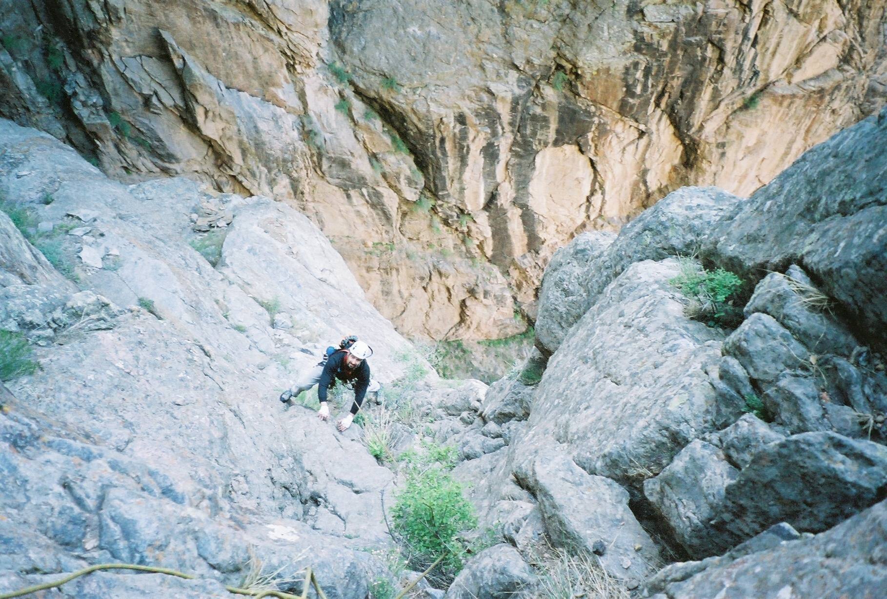 Mark Sokol on the third pitch of Leisure. This gully is easy 5th class ...