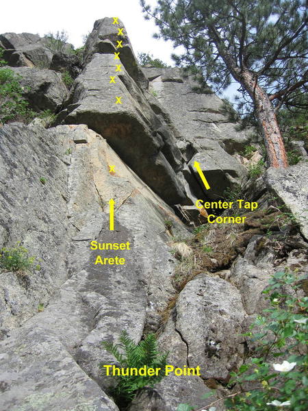 Thunder Point. Sunset Arete (11d) is the sport route up prominent arete ...
