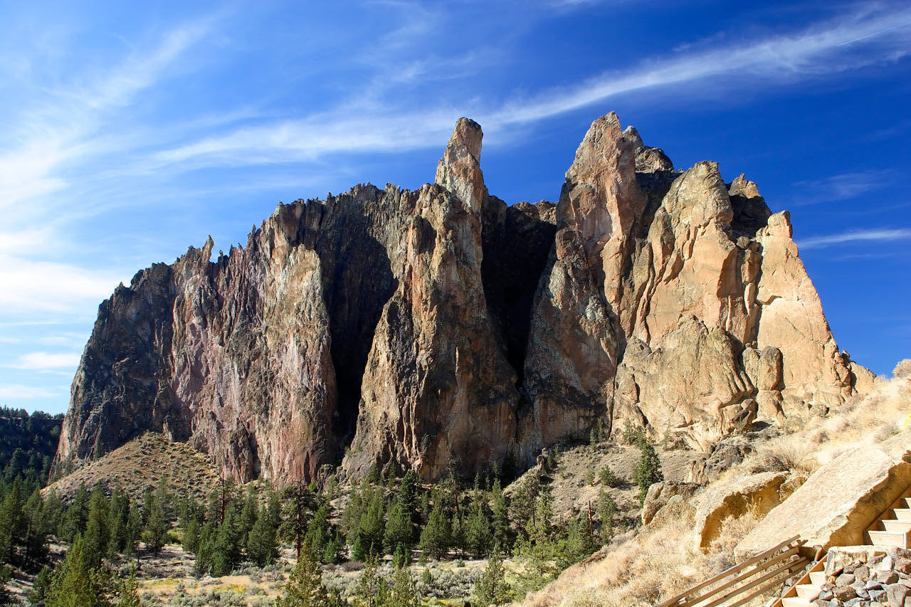The Smith Rock Group as seen from the Morning Glory Wall