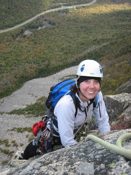 Kayte topping out on Whitney Gilman. Interstate 93 can be seen far below.