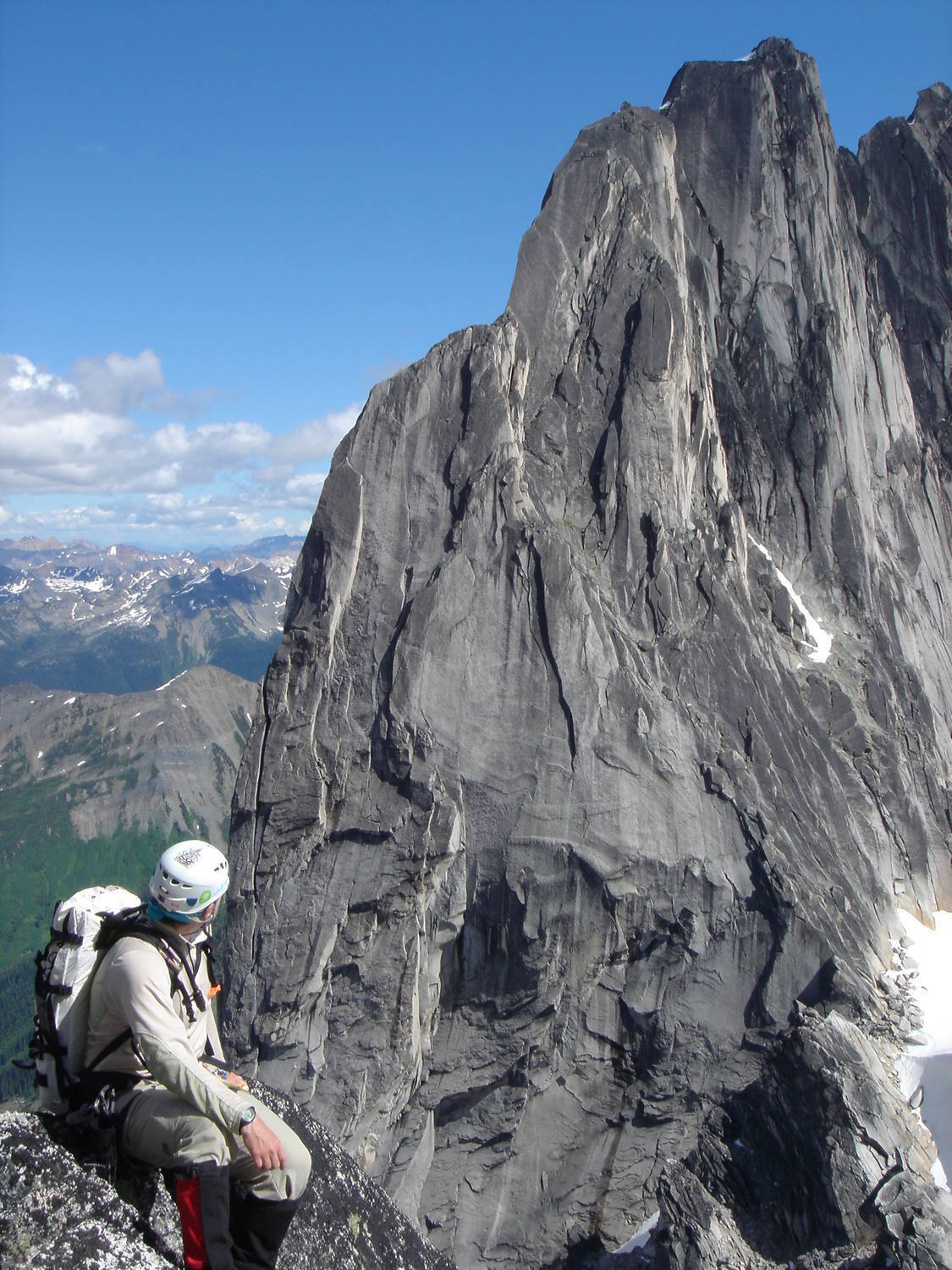 Looking over at Snowpatch Spire from the summit of Bugaboo Spire.