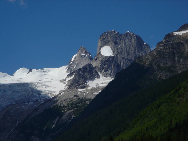 Pigeon (L) and Snowpatch (R) Spires (showing namesake snow patch) from ...