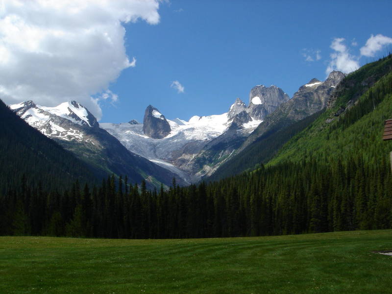 The classic view from Bugaboo Lodge. Houndstooth is the prominent tooth ...