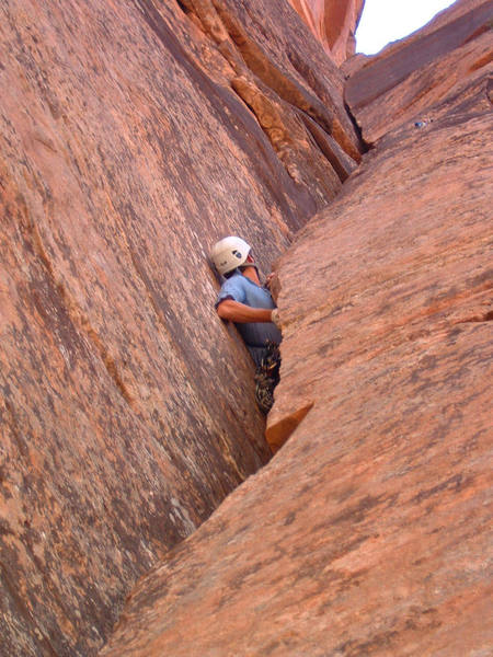 The 10a squeeze on the second part of pitch two on Shune's Buttress.