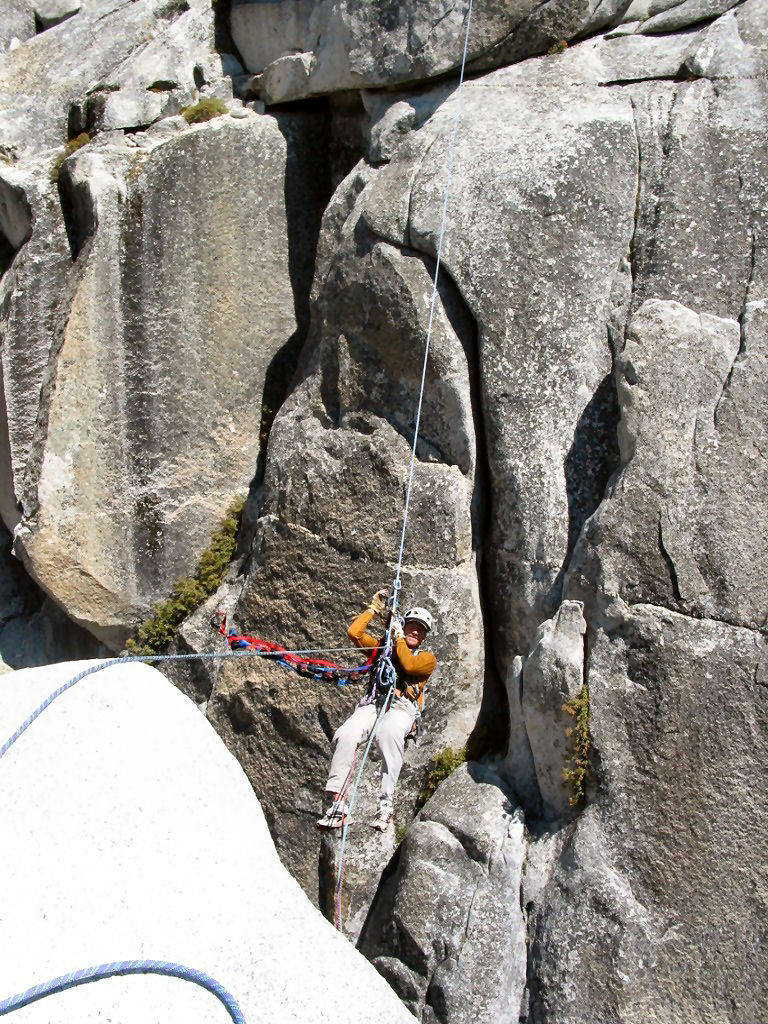 Brad Peterson Jugging across the Tyrolean Traverse in windy conditions.