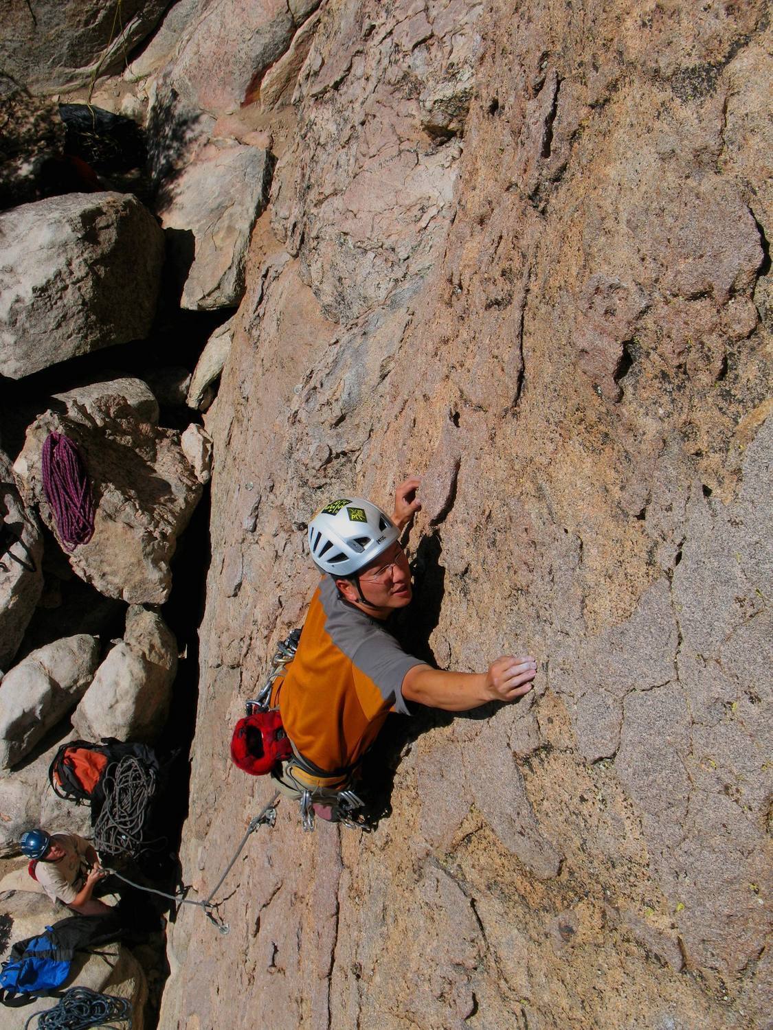 Midway up Hidden Gold (5.7), Holcomb Valley Pinnacles