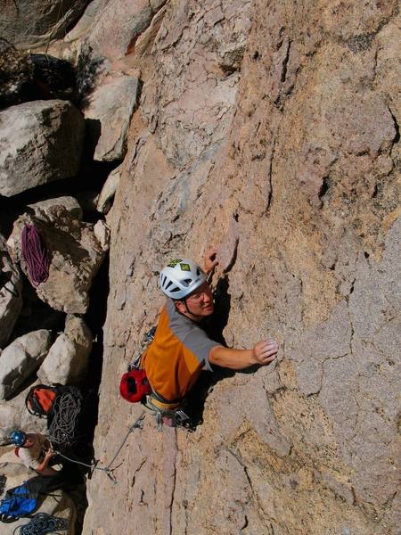 Midway up Hidden Gold (5.7), Holcomb Valley Pinnacles