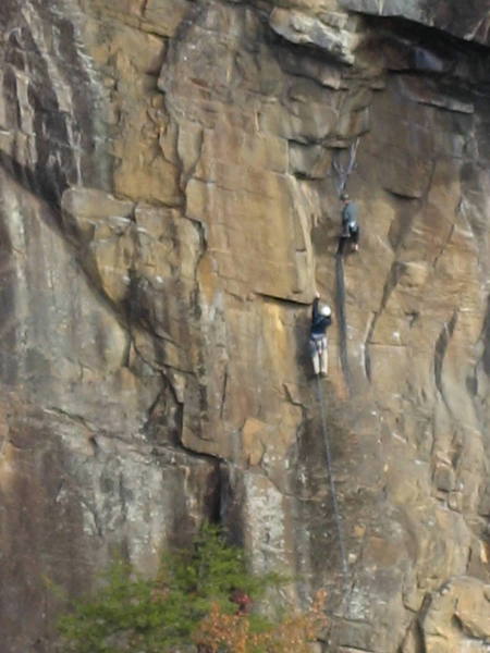 Stephen at hanging belay at end of first pitch, with me following.