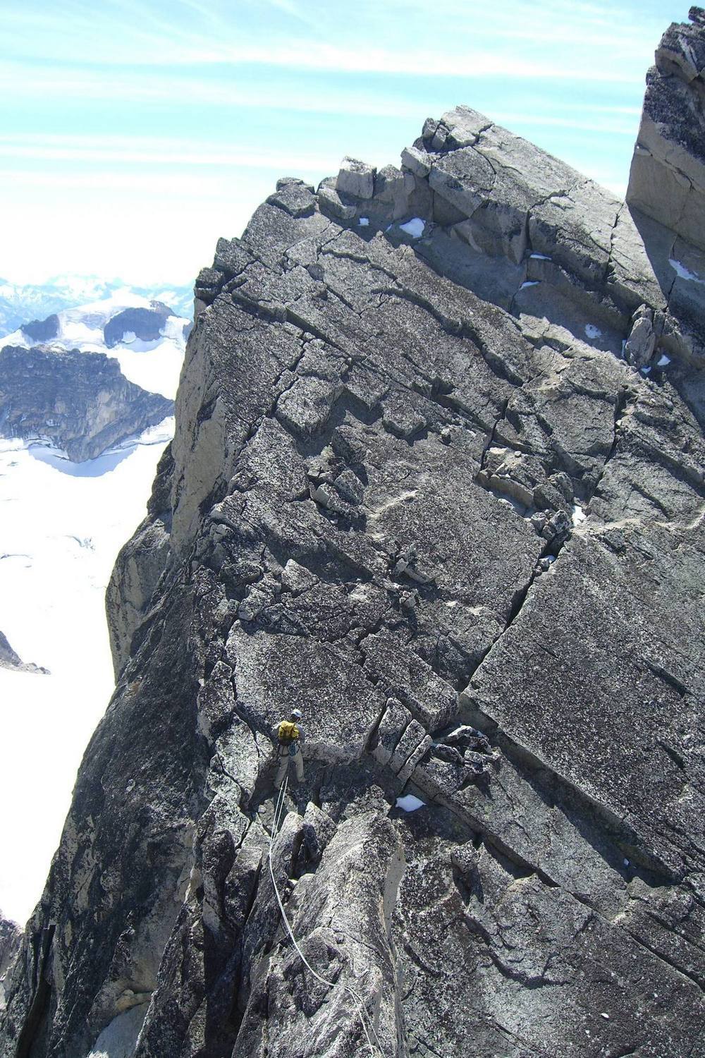 Midway through the summit traverse to the descent of Bugaboo spire.