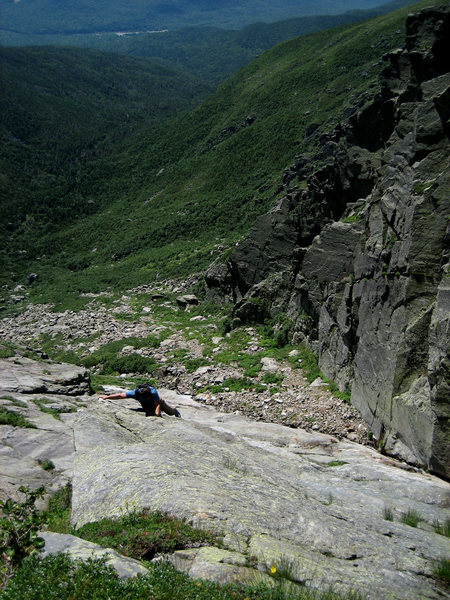 Climbing Central Gully Slab in Huntington Ravine (Photo: Brad Parry)