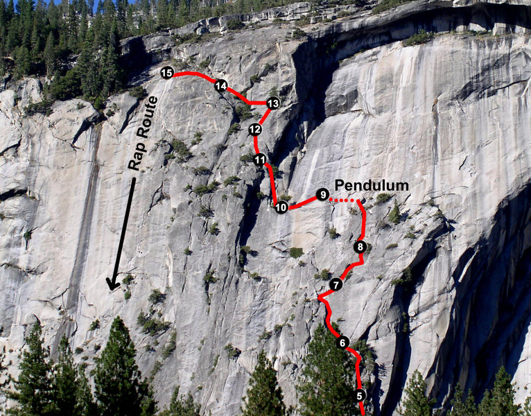 Topo showing pitches 5 through 15 of the Royal Arches Route (5.7). A ...