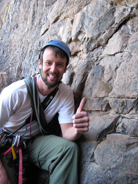 Devin Shunk looking stoked after leading the first pitch of Packrat ...