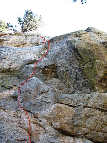Red line marks the route and black Xs mark bolts and the anchors.
