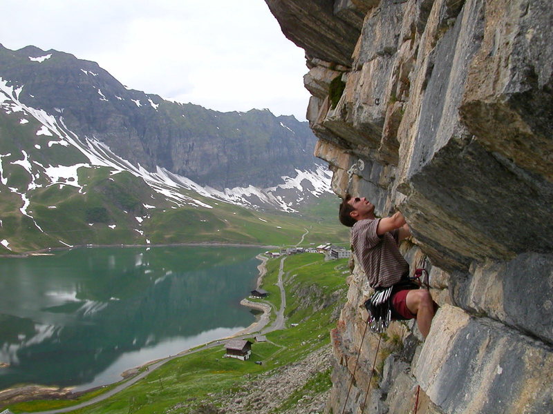 Jeff Buhl cranking up the steep limestone of Melchsee-Frutt.
