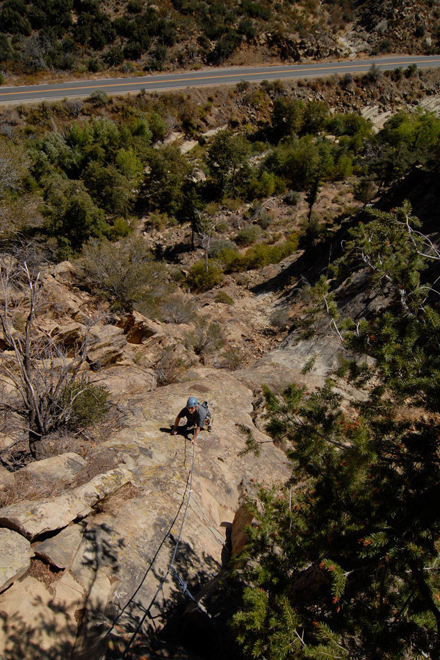 Patty Fienup climbs the delicate slab on the first half of Blue & Green ...
