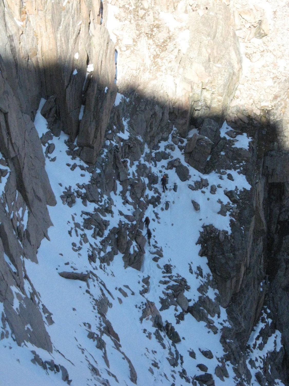 An unknown group of climbers leaves Lambs Slide and begins the traverse ...