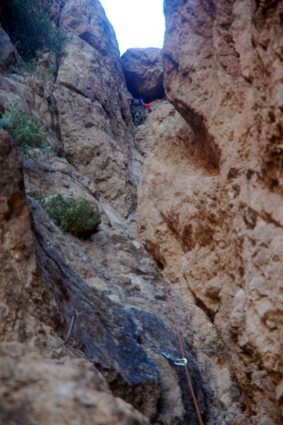 The infamous chockstone at the end of the first pitch. Climbing options ...
