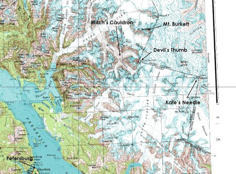 Map of the Stikine Ice Cap with key landmarks indicated.