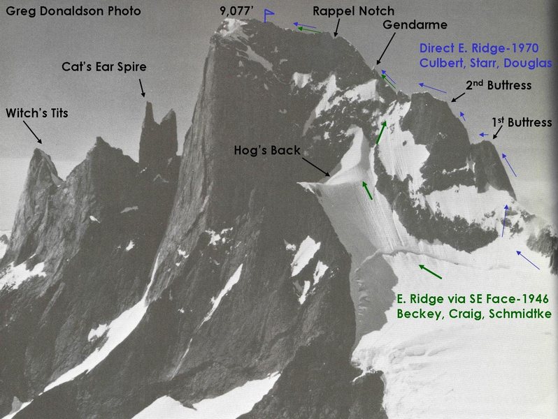 The East Ridge (via SE Face) follows the green arrows. Photo by Greg ...