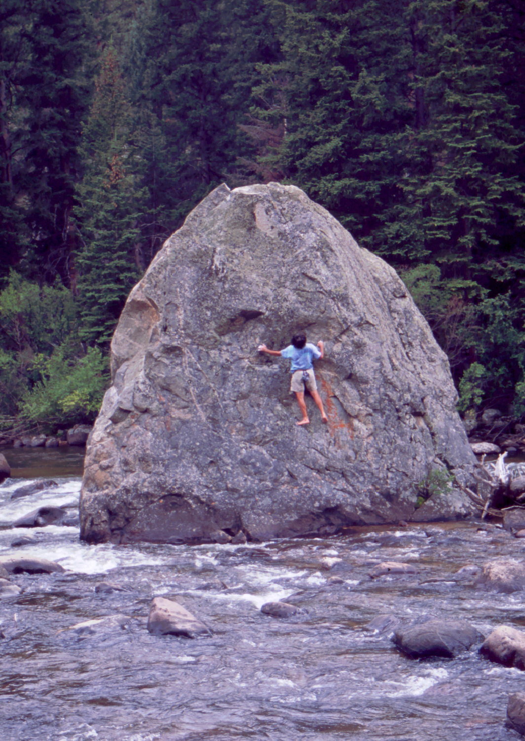 Bob Horan bouldering in the Poudre, circa 1980.