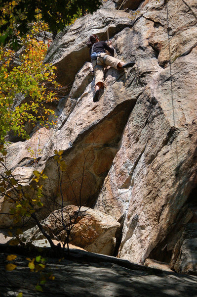 Tricia at the end of the hand traverse on pitch 2.