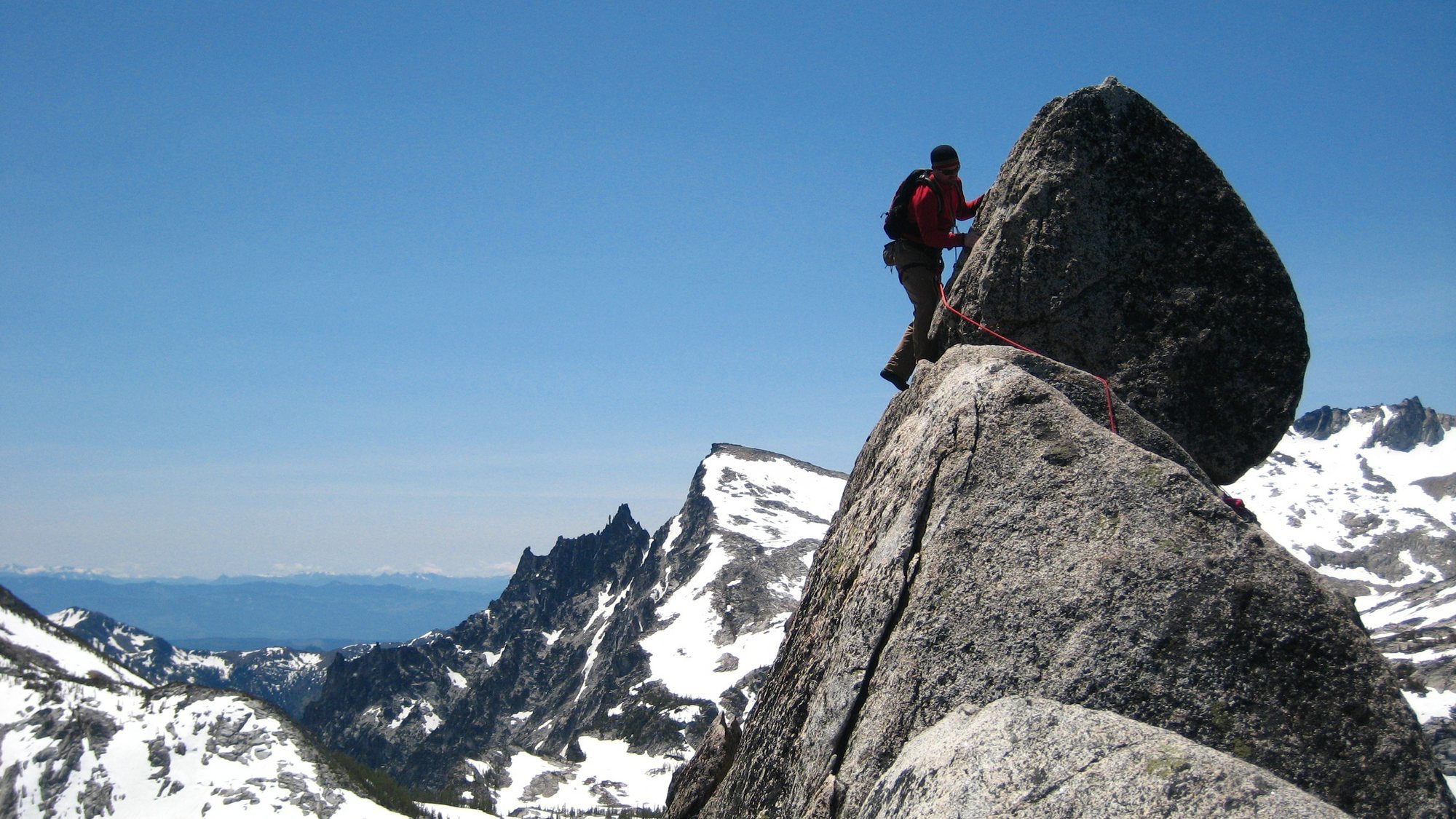 Easy but exposed climbing on Prusik's West Ridge