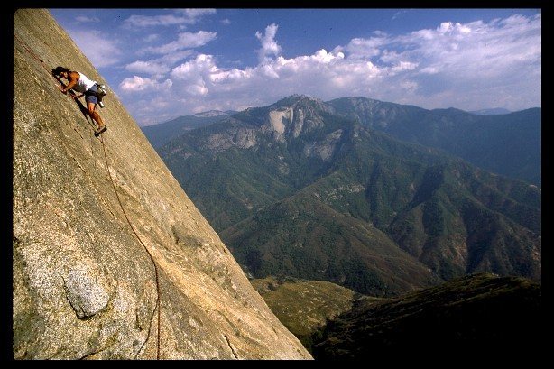 High up on the South Face route, a runout out face with easy climbing ...