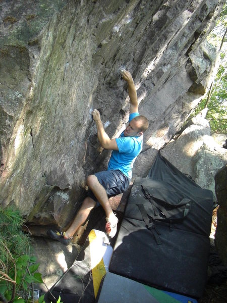 Climbing in Half Dome Boulder, Devil's Lake Bouldering