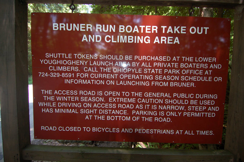 The signage located at the top of the Bruner Run take out road. During ...