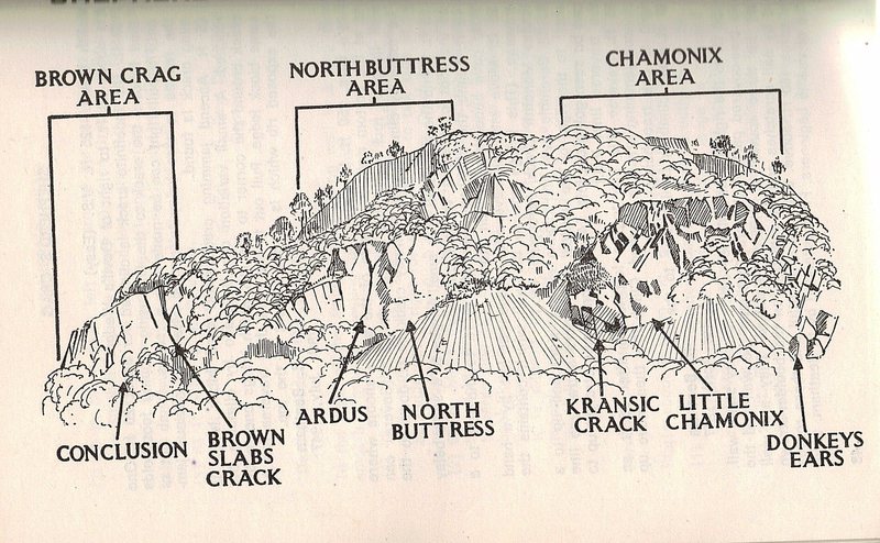 The Crag divided into sections . More routes will follow. Drawing by ...