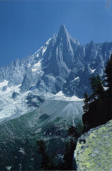 The Aiguille de Dru. Above the town of Chamonix. The prominent central ...