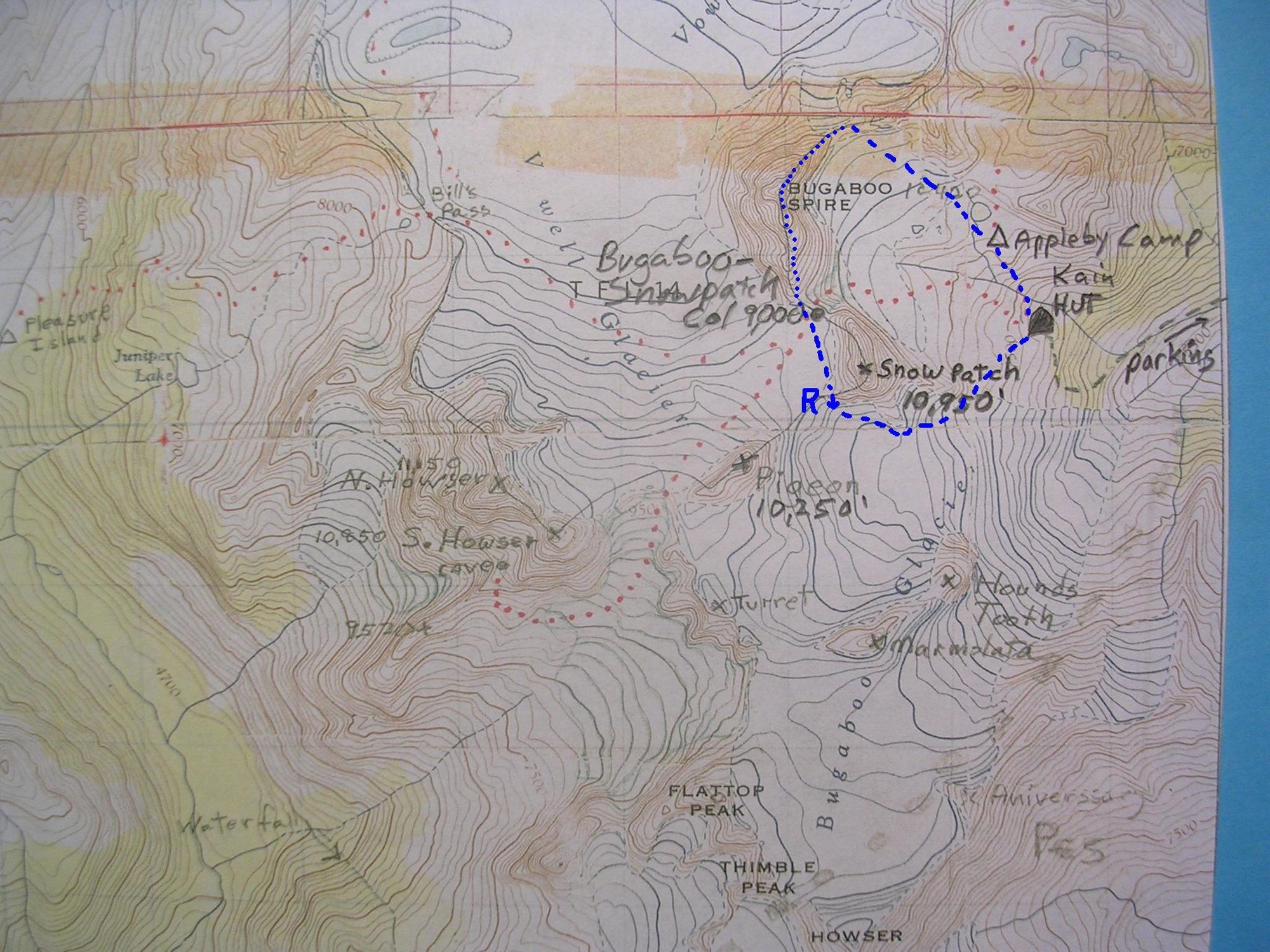 Bugaboo Northeast Ridge Approach Map contour interval 100 feet Red Dots ...