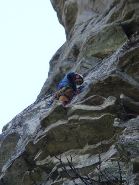 Ship Rock, Hindu Kush, Carl above !st pitch crux, at anchor.