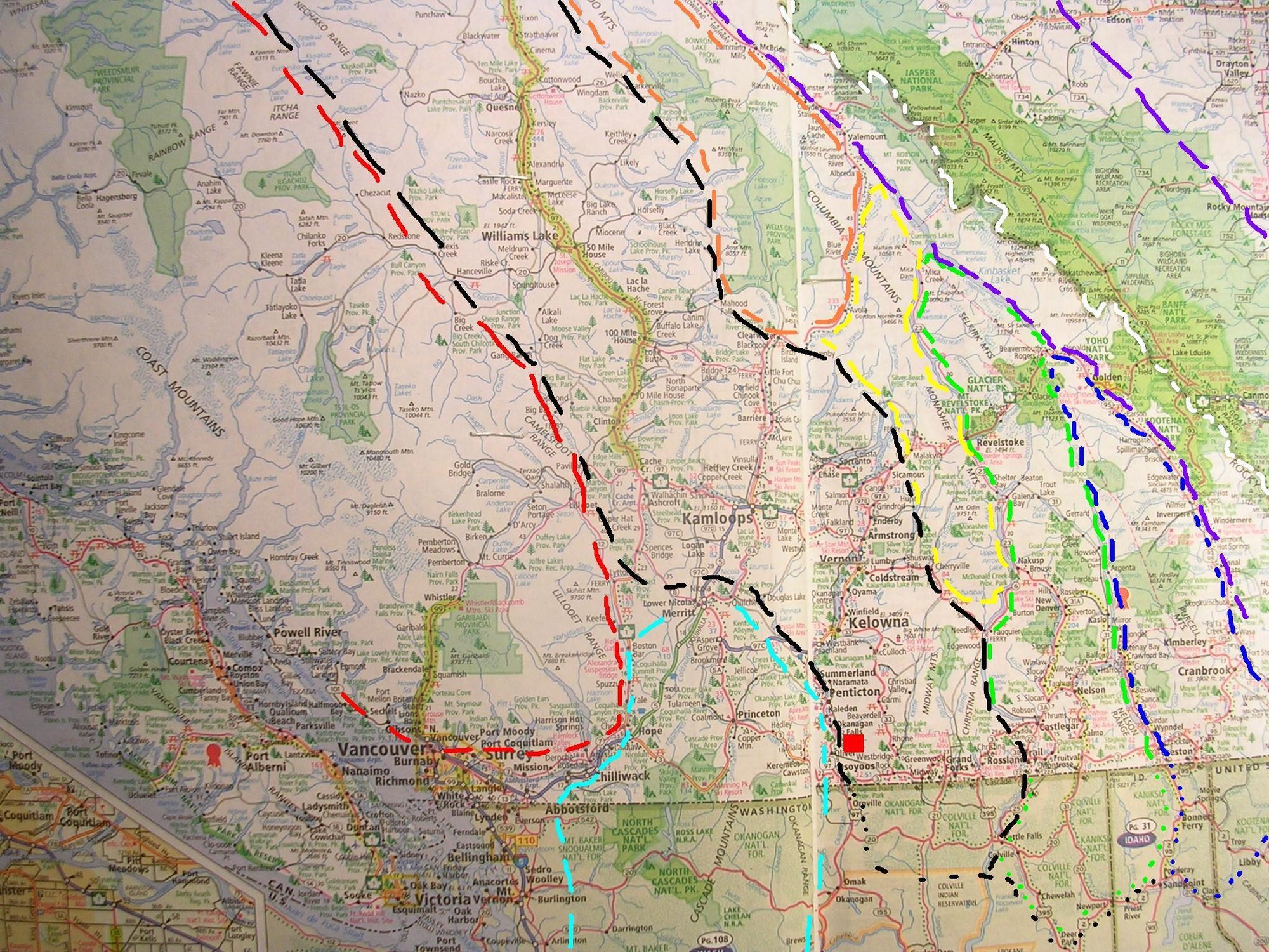 MOUNTAIN RANGES OF BRITISH COLUMBIA black - Interior Plateau red box ...