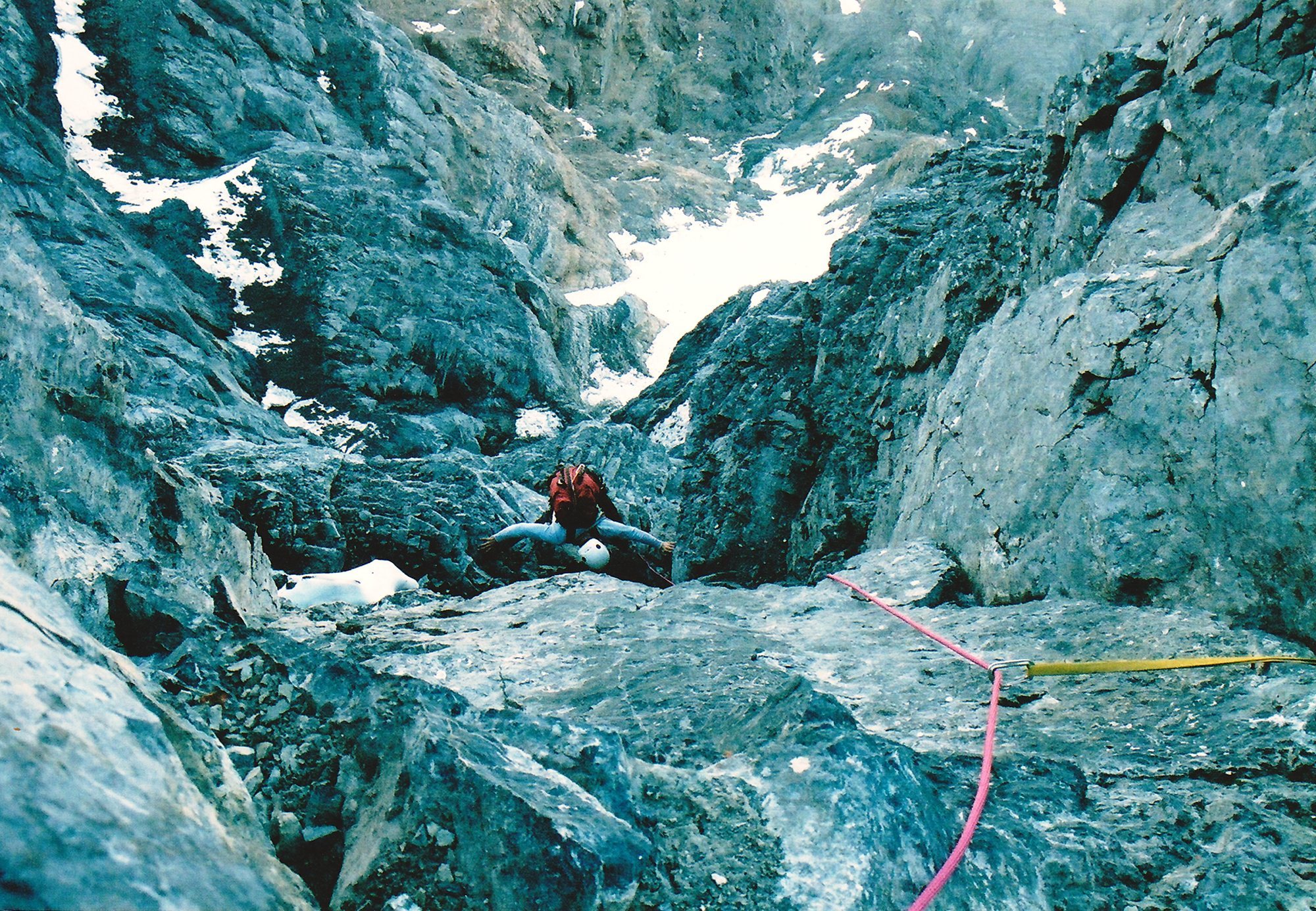 Finishing a mellow pitch on the Rock Rib. Directly behind the climber ...