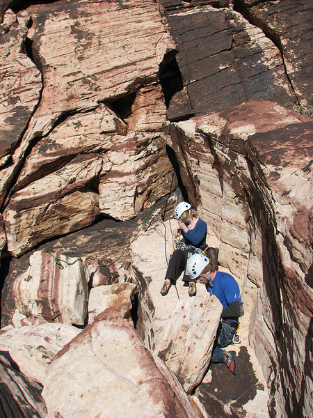 At the lunch ledge. Two options from here: Continue up to pitch 5 of ...