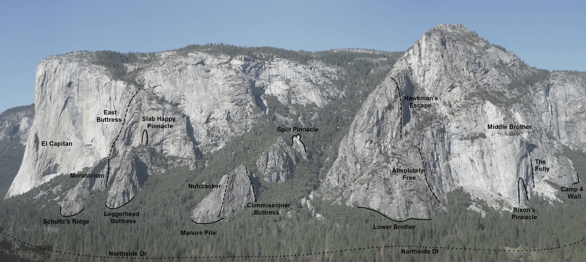 Yosemite Valley Overview - North - El Cap to Camp 4 Route depictions ...