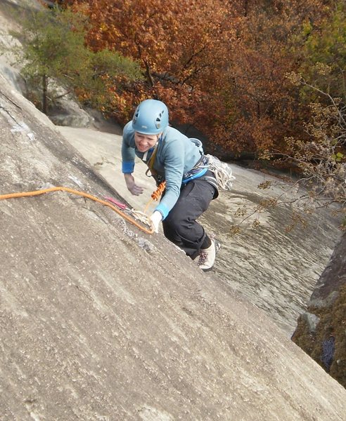 Mary liebacking the last crack to get to the sloper rails.