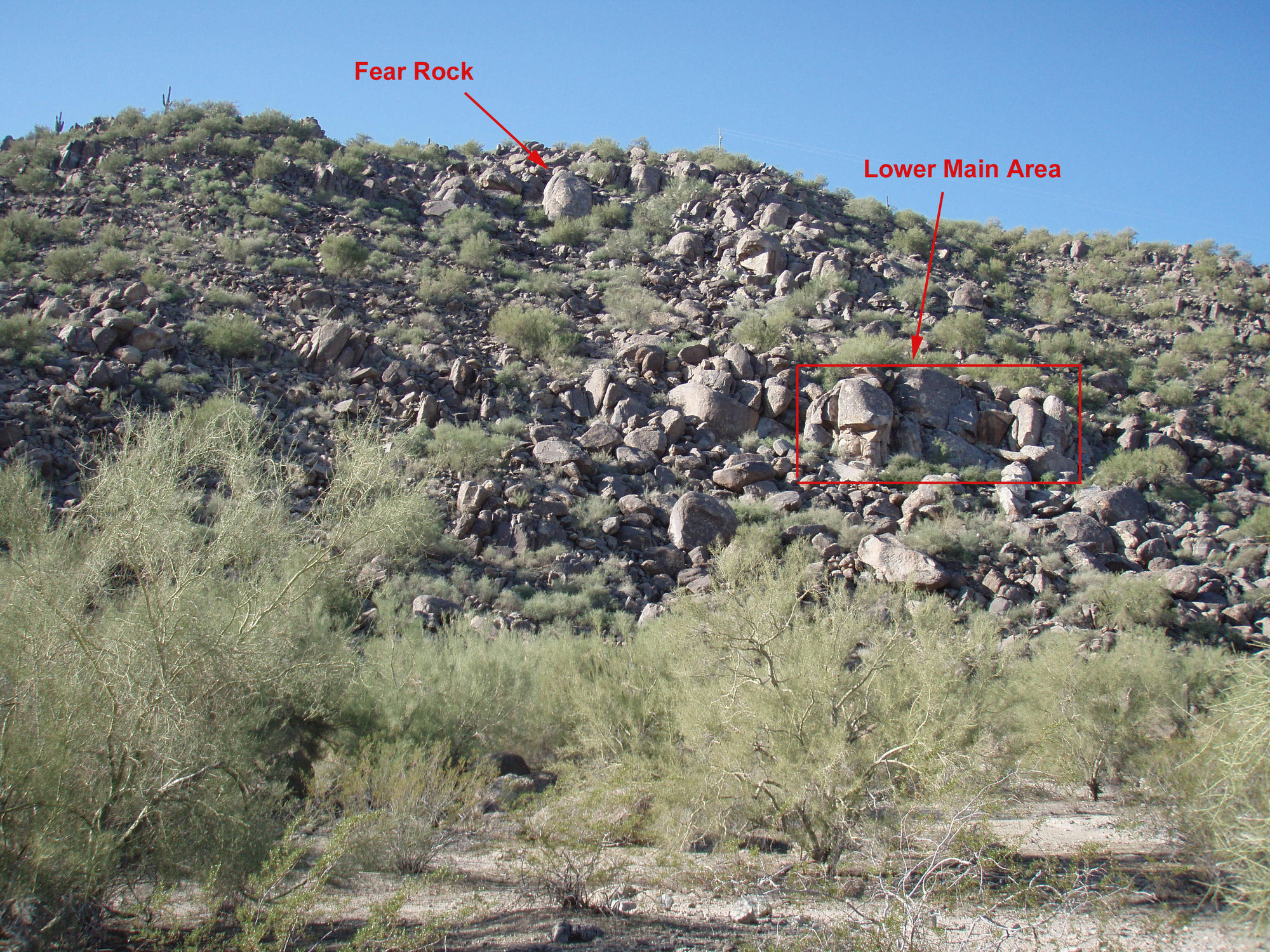 'Fear Rock' and 'Lower main area' as seen from near the parking area