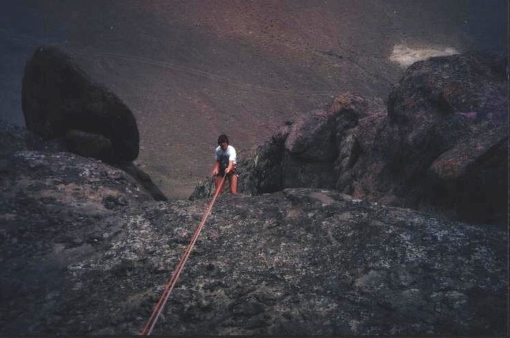 Scott Dalen on an early reconnaissance climb, rapping down the '3rd ...