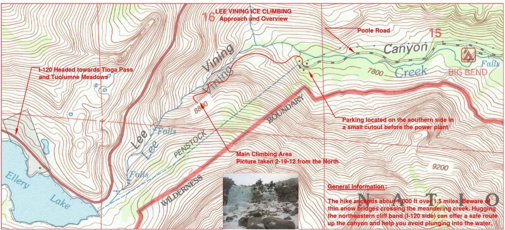 Map of Lee vining area showing approach hike.