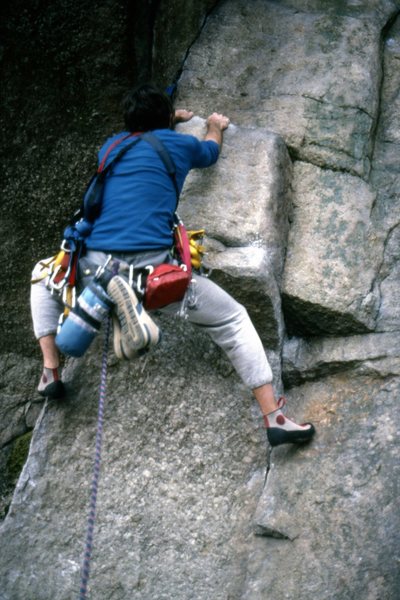 April 5th 1988. The jug on Broken Sling after the boulder move start ...