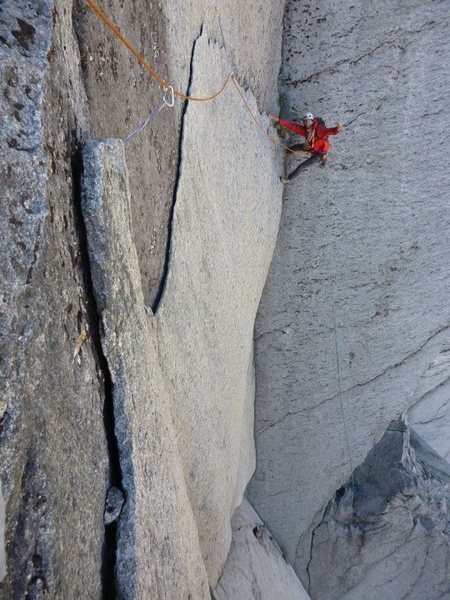Grant celebrating after the business on the lower crux - the flake pitch.