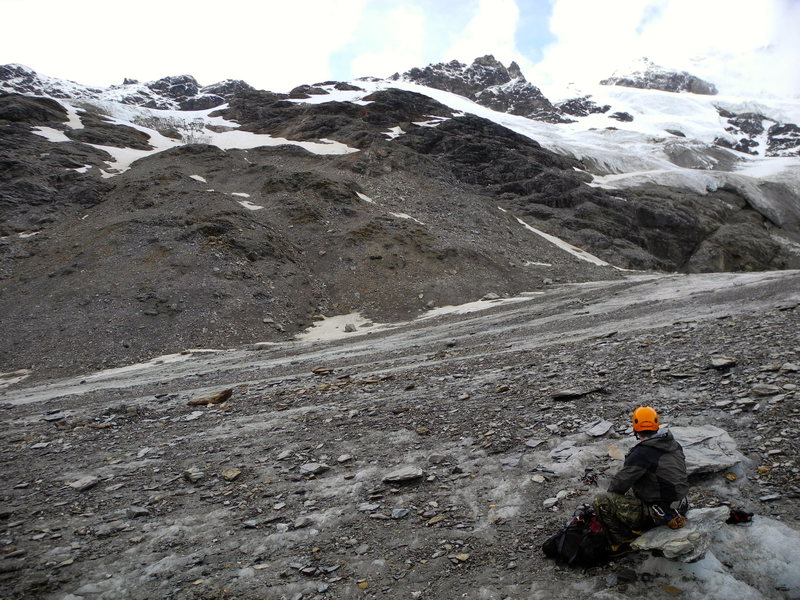 Looking up at the route onto SIlvertip's north ridge from the Silvertip ...